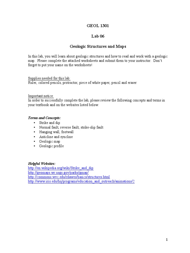 GEOL 1301 - Lab 06 - Geologic Struct & Maps | PDF | Geology | Fault (Geology)
