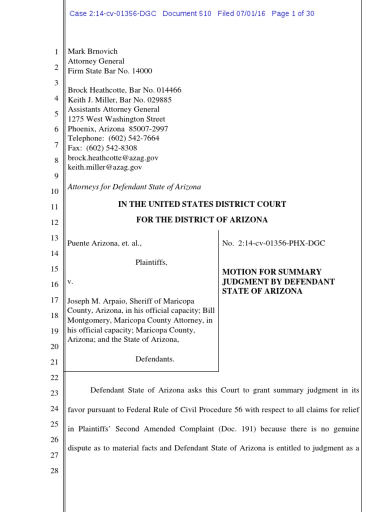 Puente Arizona Et Al v. Arpai Arizona MOTION For Summary Judgment | PDF ...