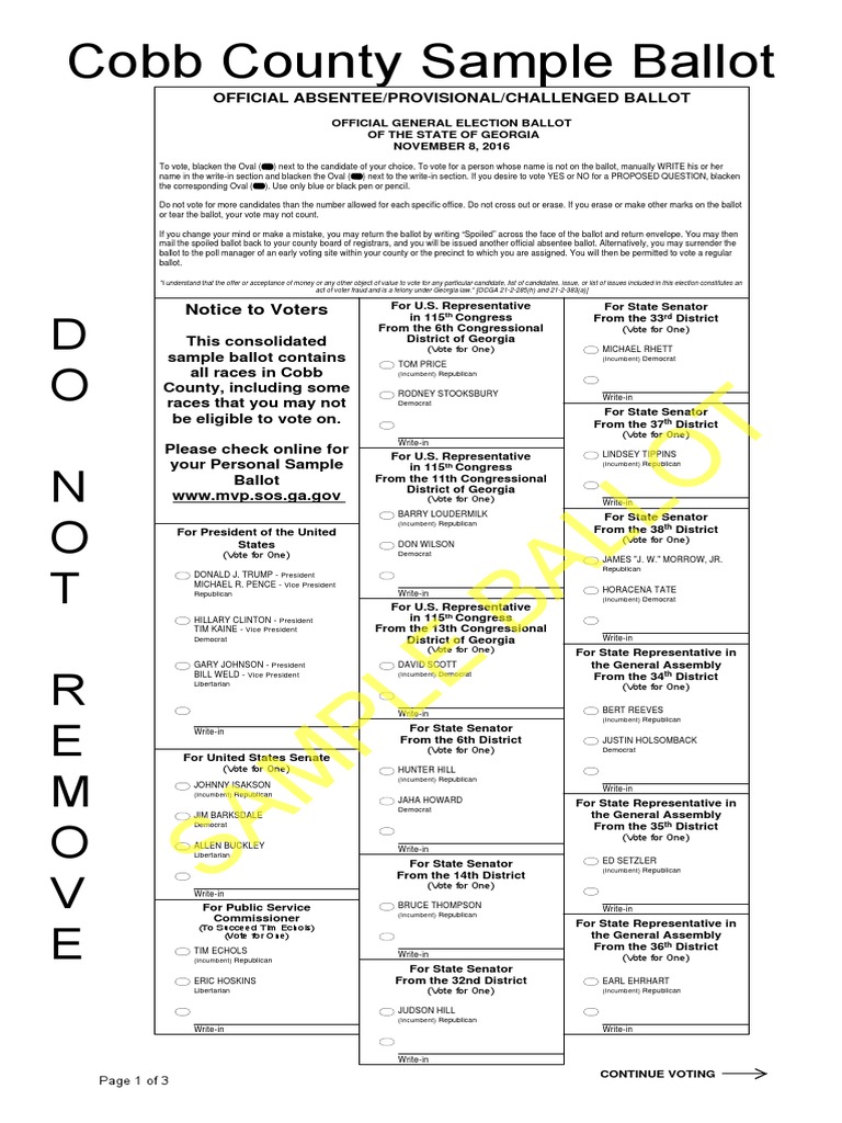 Sample Ballot For Cobb County Nov. 8 Presidential Election | PDF ...