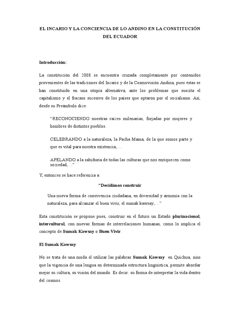 El Incario y La Conciencia de Lo Andino en La Constitución Del Ecuador ...