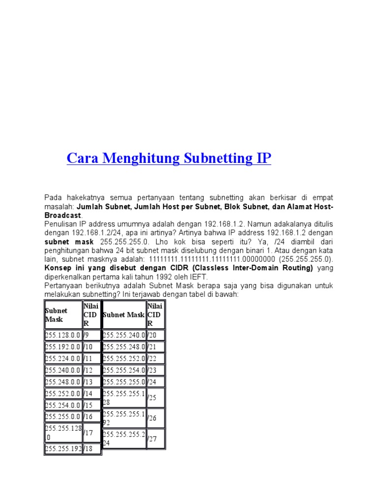 Cara Menghitung Subnetting IP | PDF