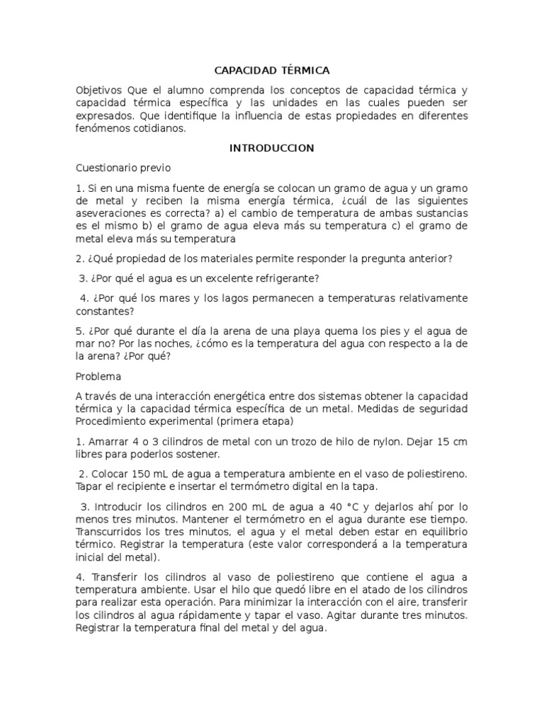 Capacidad Térmica: Conceptos y Experimentos | PDF | Calor | Agua