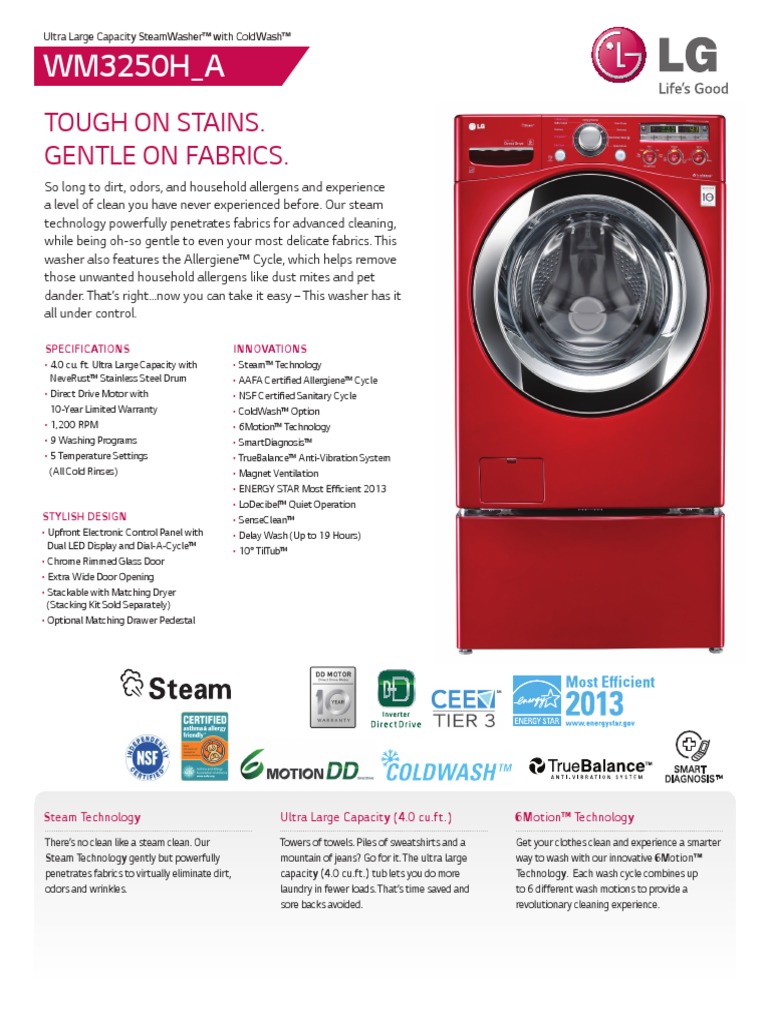 WM3250 Spec Sheet | PDF | Washing Machine | Industries