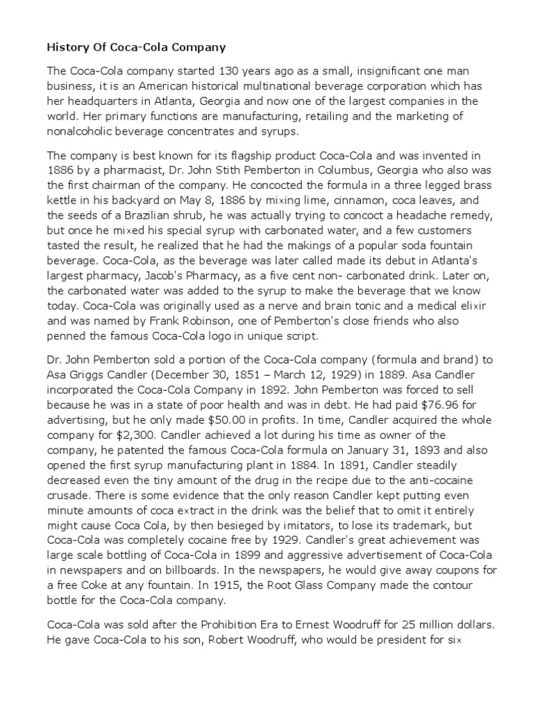 History of Coca | PDF | Coca Cola | The Coca Cola Company