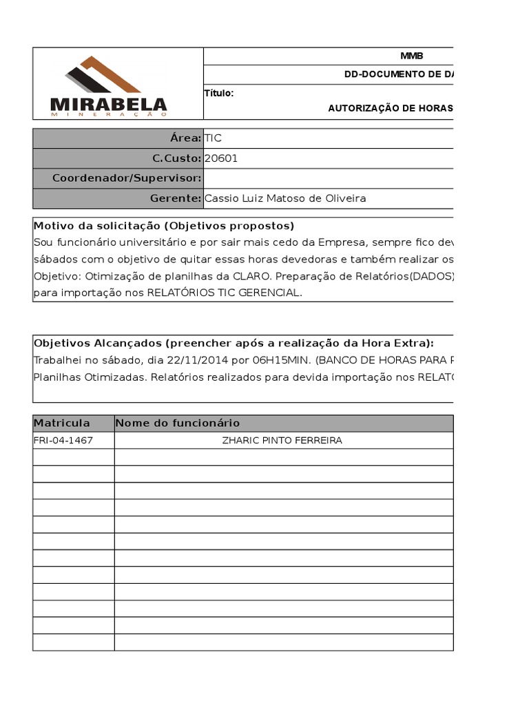 Modelo de Formulário de Horas Extras | PDF