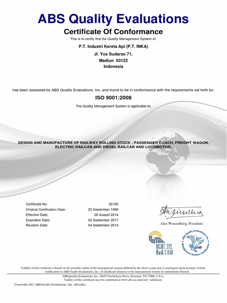 PT Inka - ISO 9001 Certificate 2014 | PDF