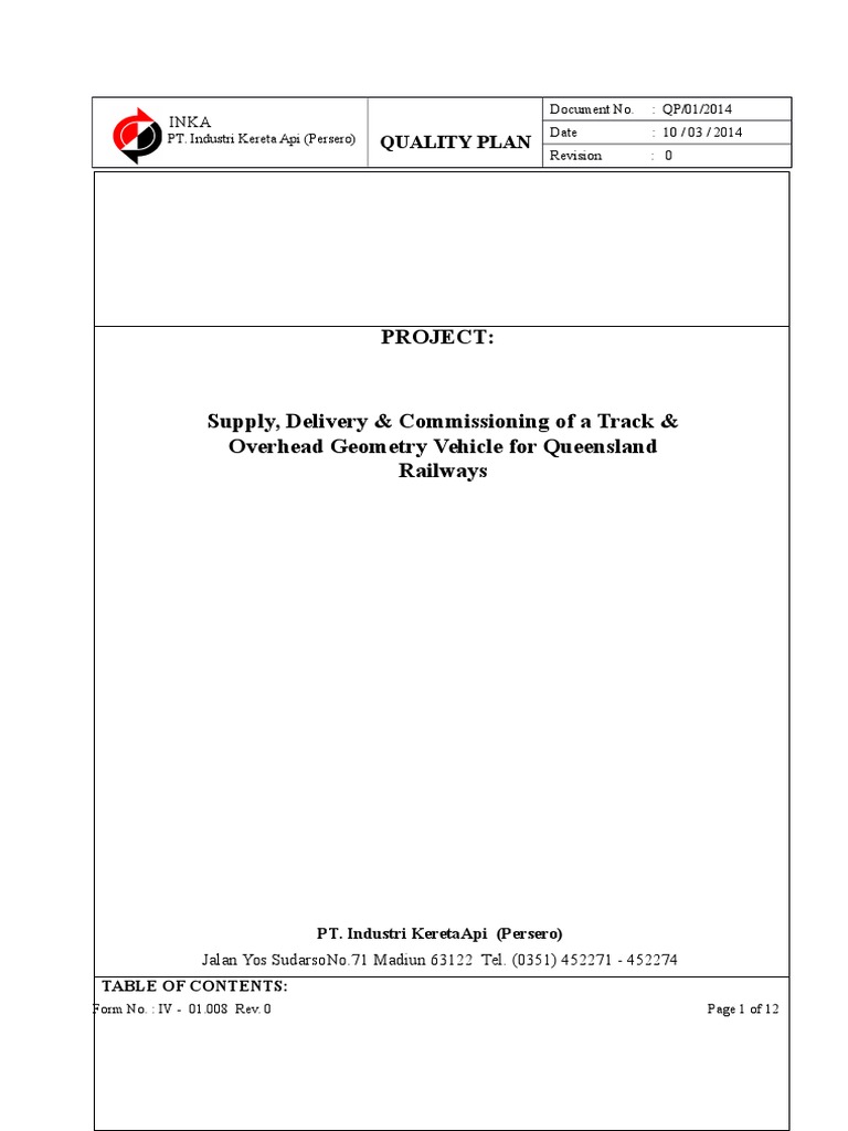 Quality Plan For Queensland Rail Limited | PDF | Quality Management ...