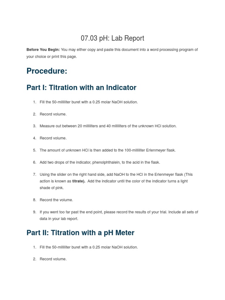 07.03 PH Lab Report | PDF | Sodium Hydroxide | Titration
