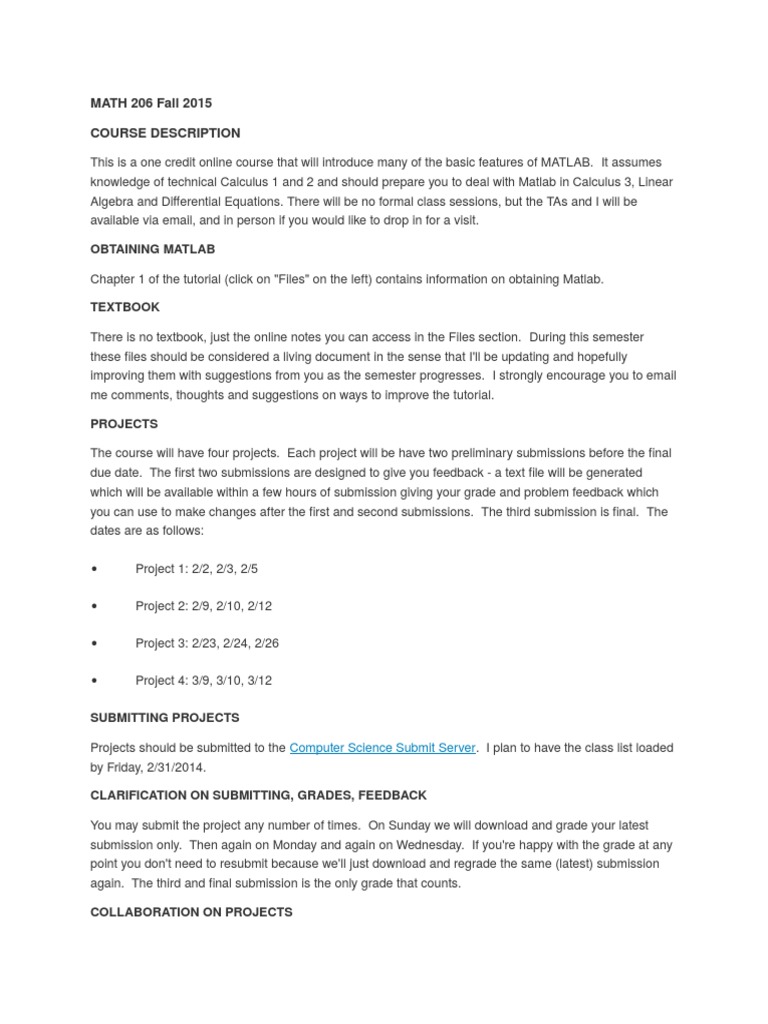 MATH 206 Fall 2015 Course Description | PDF | Matlab | Teaching Mathematics