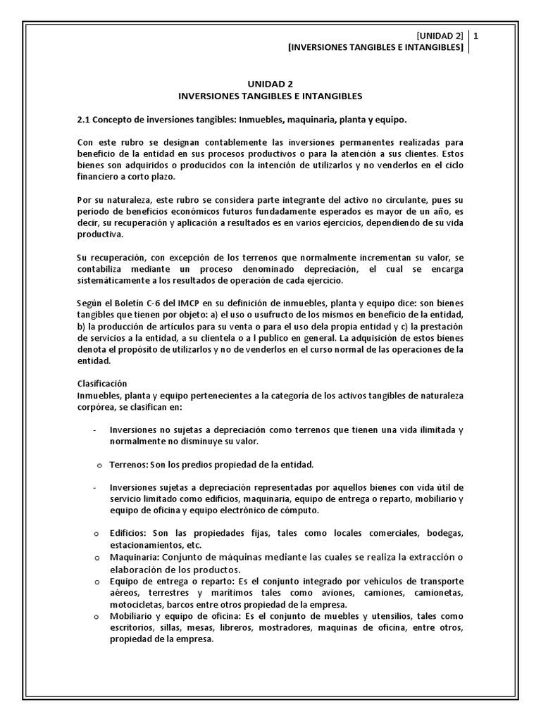 UNIDAD 2 Inversiones Tangibles e Intangibles PDF | PDF | Depreciación ...
