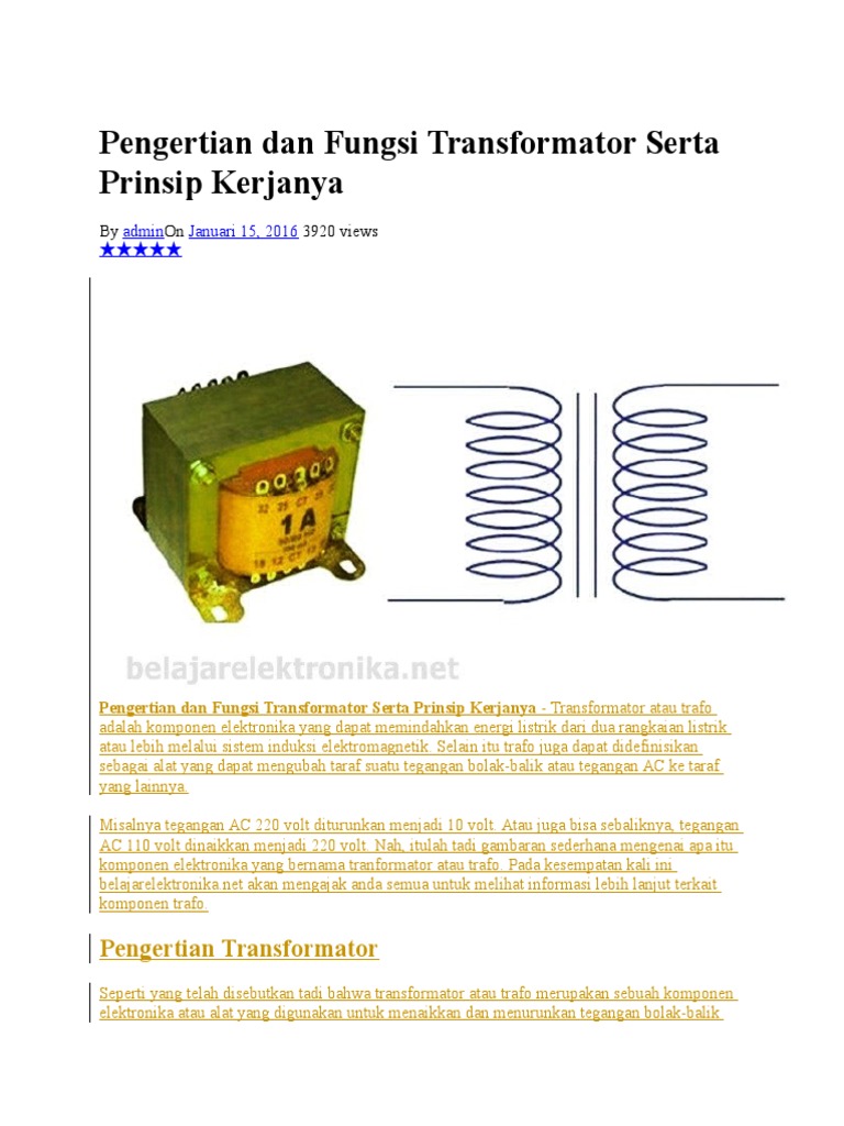 Pengertian Dan Fungsi Transformator Serta Prinsip Kerjanya | PDF