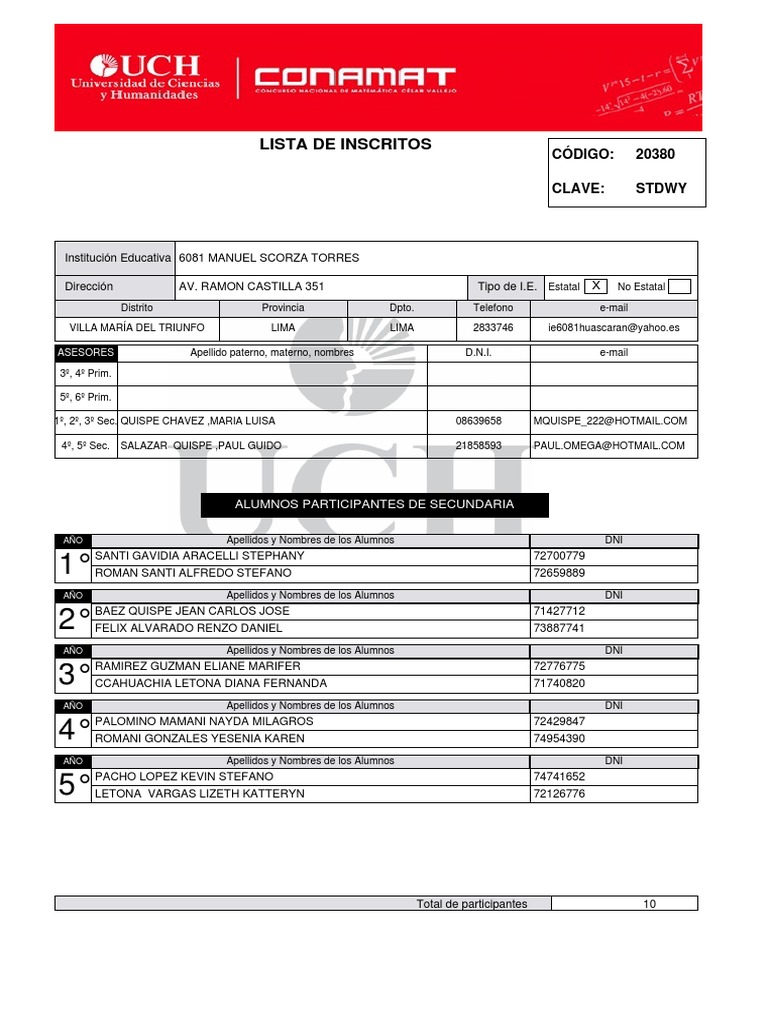 Inscripcion CONAMAT | PDF