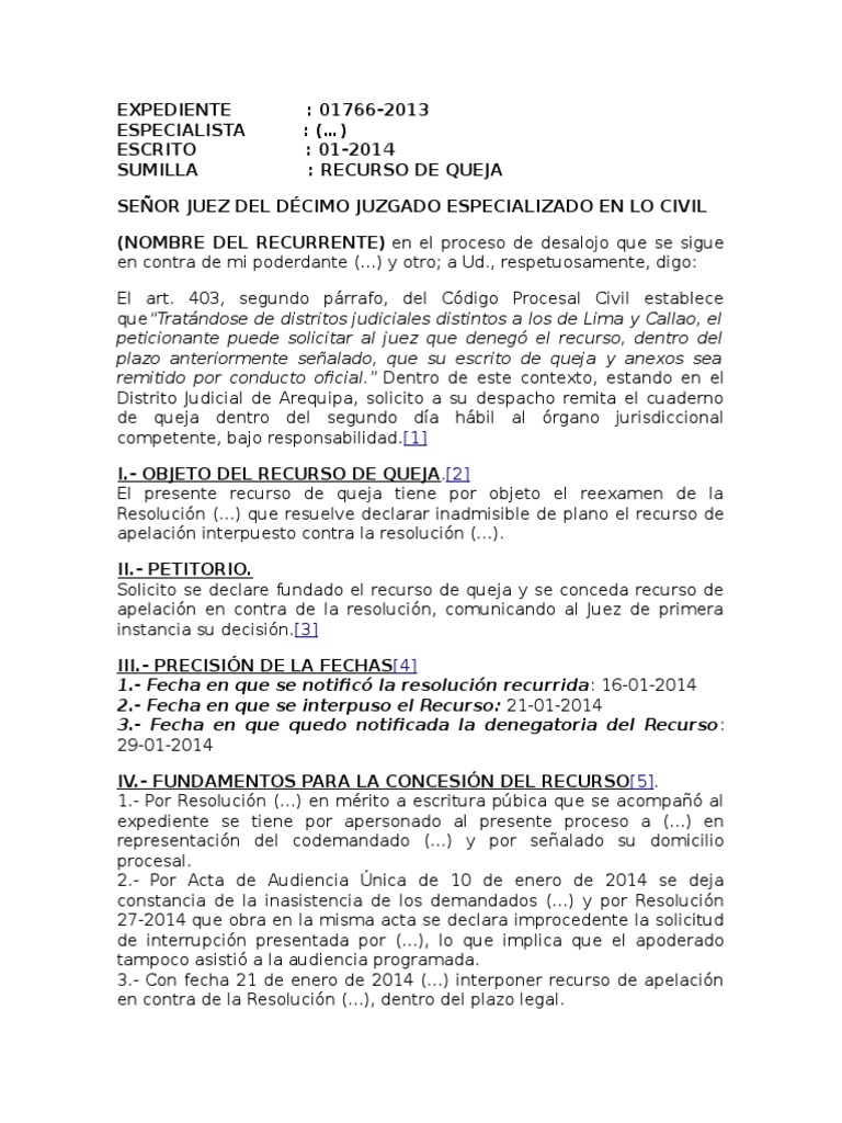 Modelo Recurso de Queja de Derecho Civil | PDF | Ley procesal | Apelación