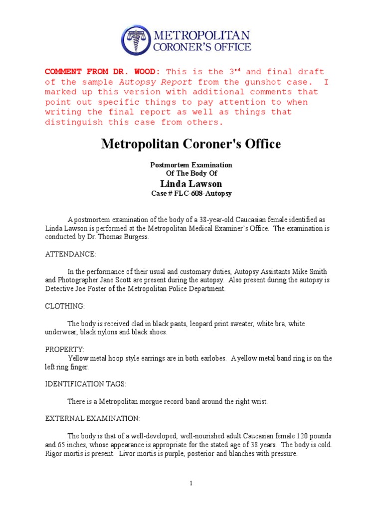 Final Draft of Sample Autopsy From Lawson Case | PDF | Autopsy | Thorax