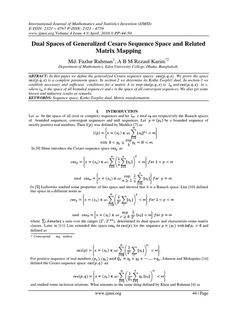 Dual Spaces of Generalized Cesaro Sequence Space and Related Matrix Mapping | PDF | Sequence ...