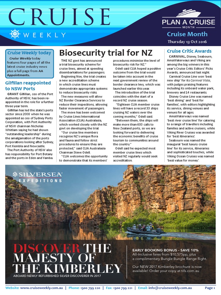 Cruise Weekly For Thu 13 Oct 2016 - Biosecurity Trial For NZ, Crystal ...