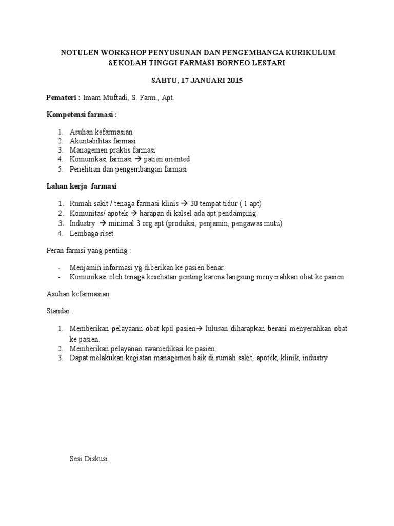 Notulen Workshop Penyusunan Dan Pengembanga Kurikulum Sekolah Tinggi Farmasi Borneo Lestari | PDF