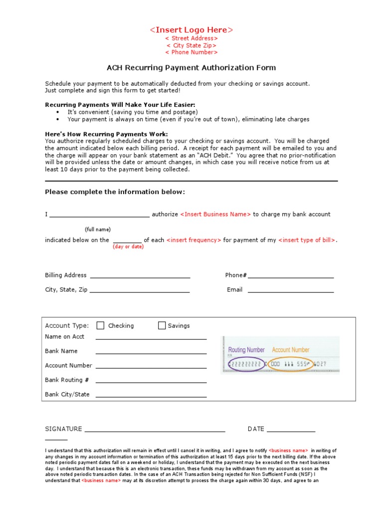 Auth Form RecurringPayment ACH | PDF | Business | Finance & Money ...