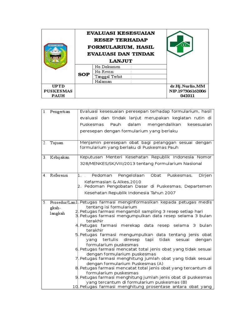 Evaluasi Kesesuaian Resep Terhadap Formularium, Hasil Evaluasi Dan Tindak Lanjut | PDF
