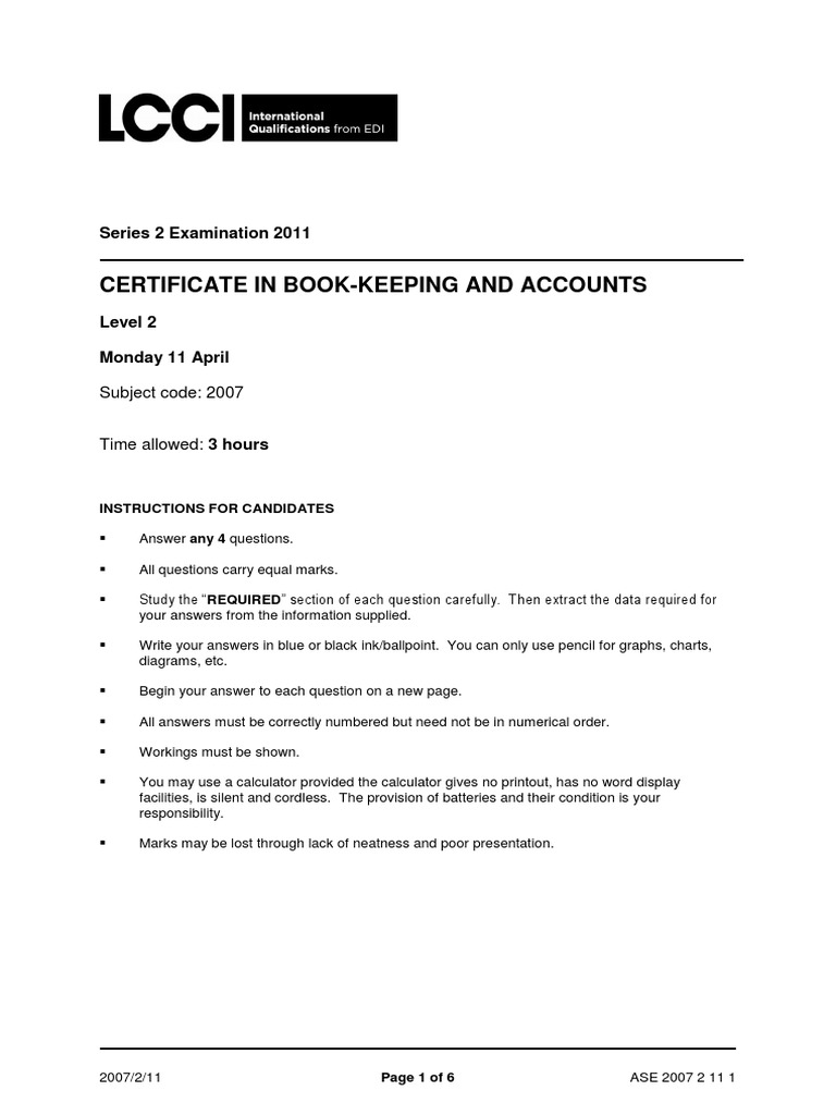 Book Keeping and Accounts Past Paper Series 2 2011 | PDF | Debits And ...
