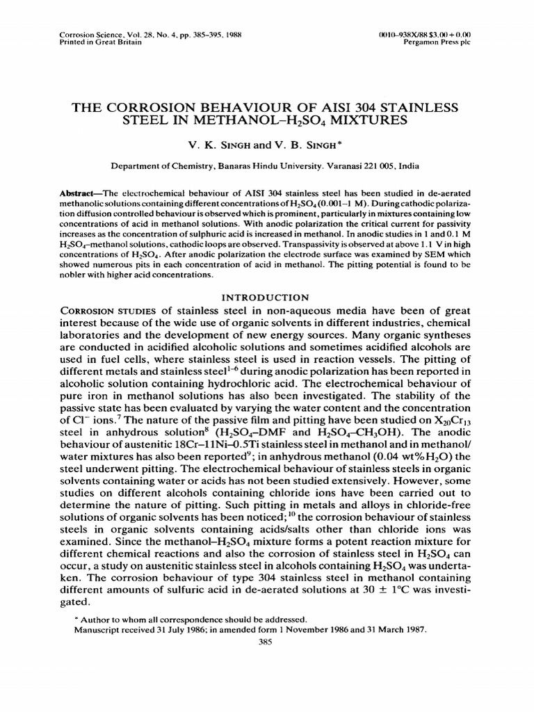 The Corrosion Behaviour of Aisi 304 Stainless Steel in Methanol H2SO4 ...