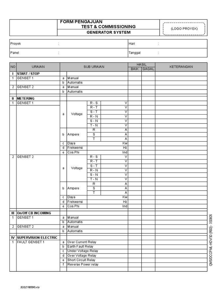 Form Pengajuan Test & Commissioning: Generator System | PDF