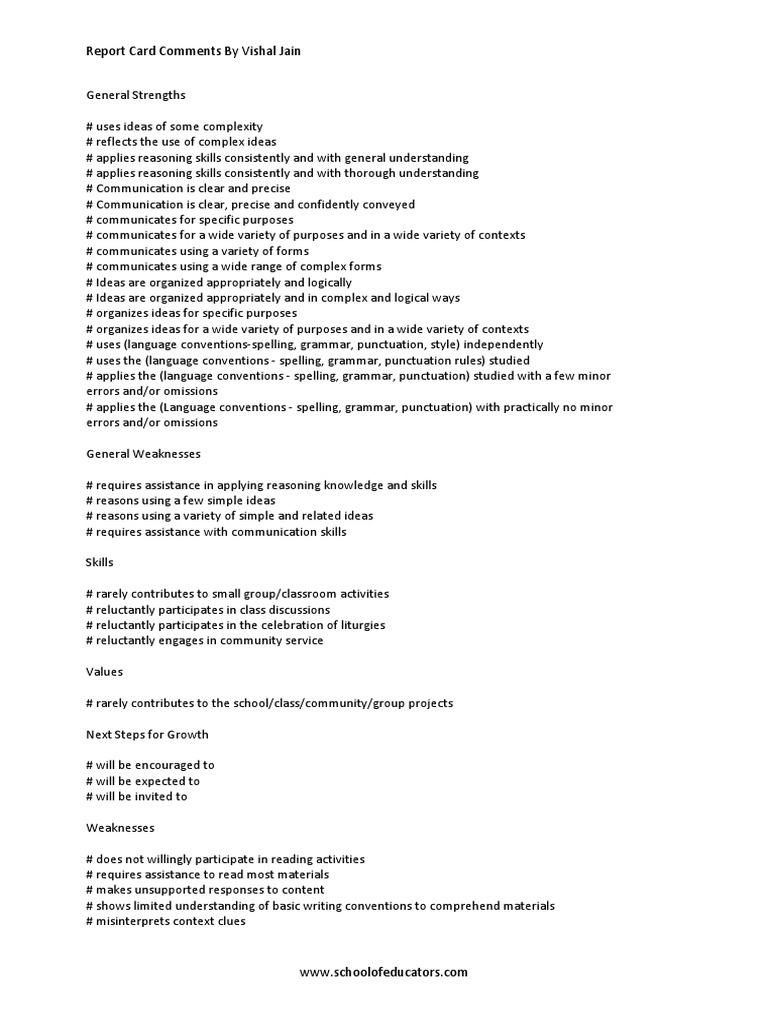 Report Card Comments on Reading Skills | PDF | Reading (Process ...