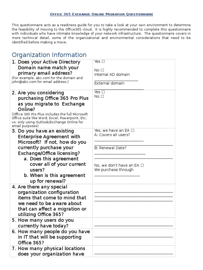 Office365 Exchange Online Migration Questionnaire | PDF | Office 365 ...