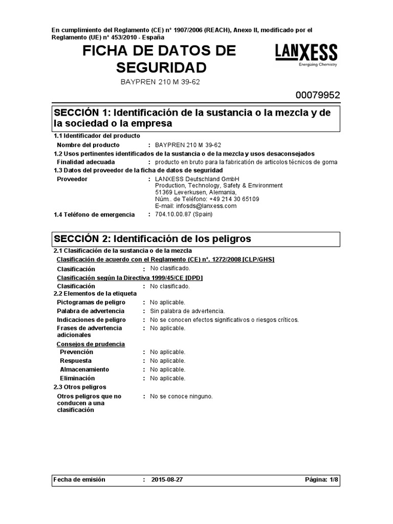 Ficha de Datos de Seguridad BAYPREN 210 | PDF | Toxicidad | Residuos
