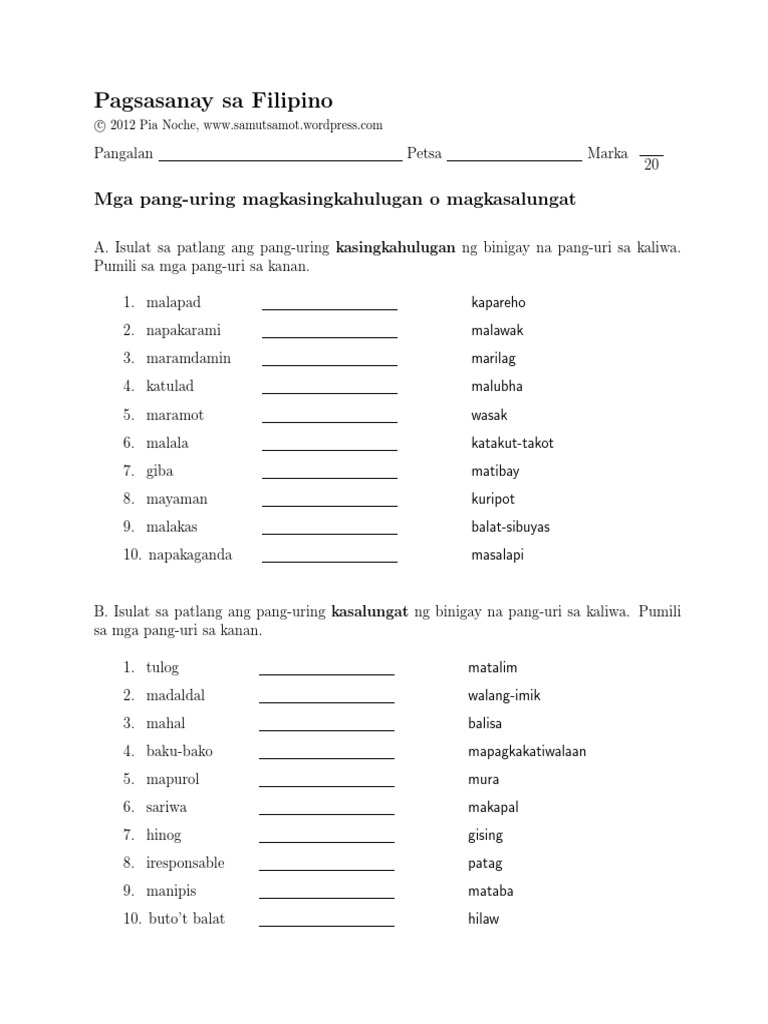 Mga Pang Uring Magkasingkahulugan o Magkasalungat 21 | PDF