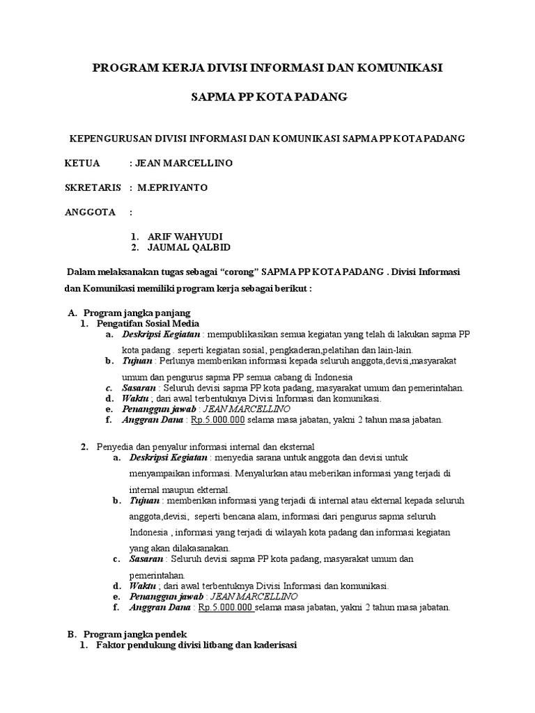 Program Kerja Divisi Informasi Dan Komunikasi Sapma PP Kota Padang | PDF