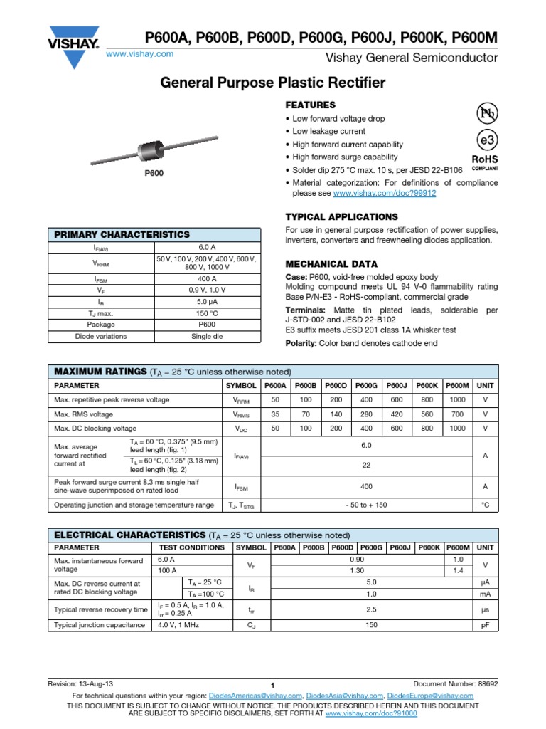 4 or 10 Pack of: 1 P600A to P600M 6A General Purpose Rectifier Diodes middleeasy.com