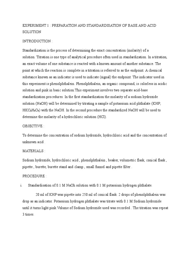 Preparation and Standardisation of Base and Acid Solution | PDF ...