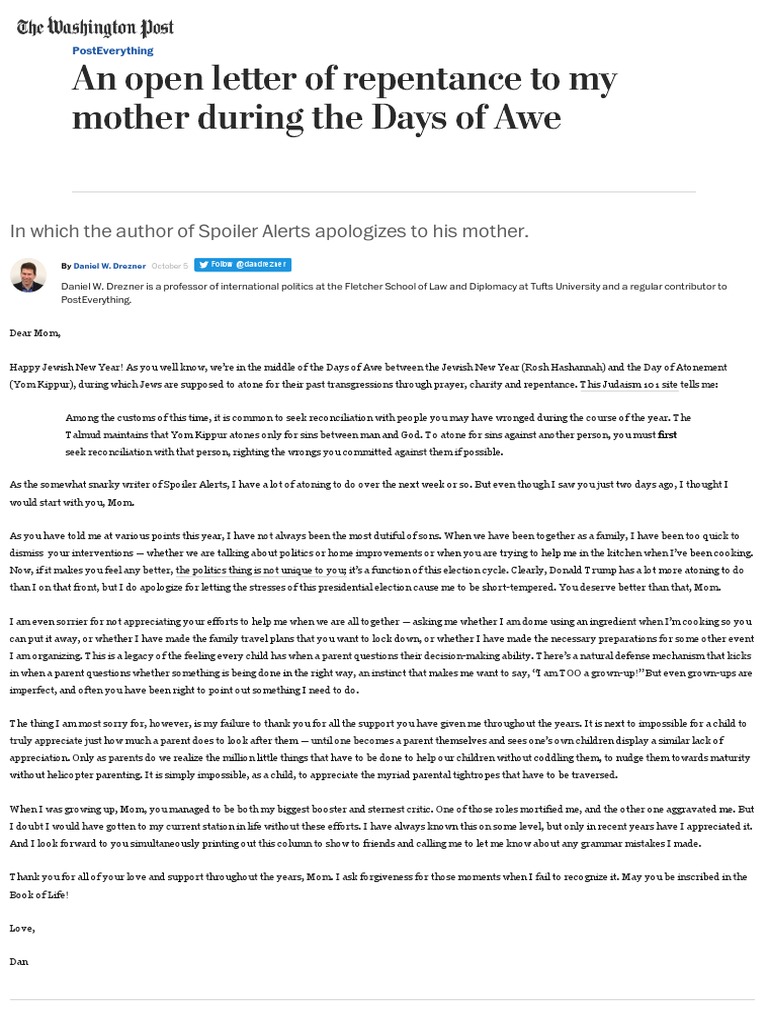 An Open Letter of Repentance to My Mother During the Days of Awe - The ...