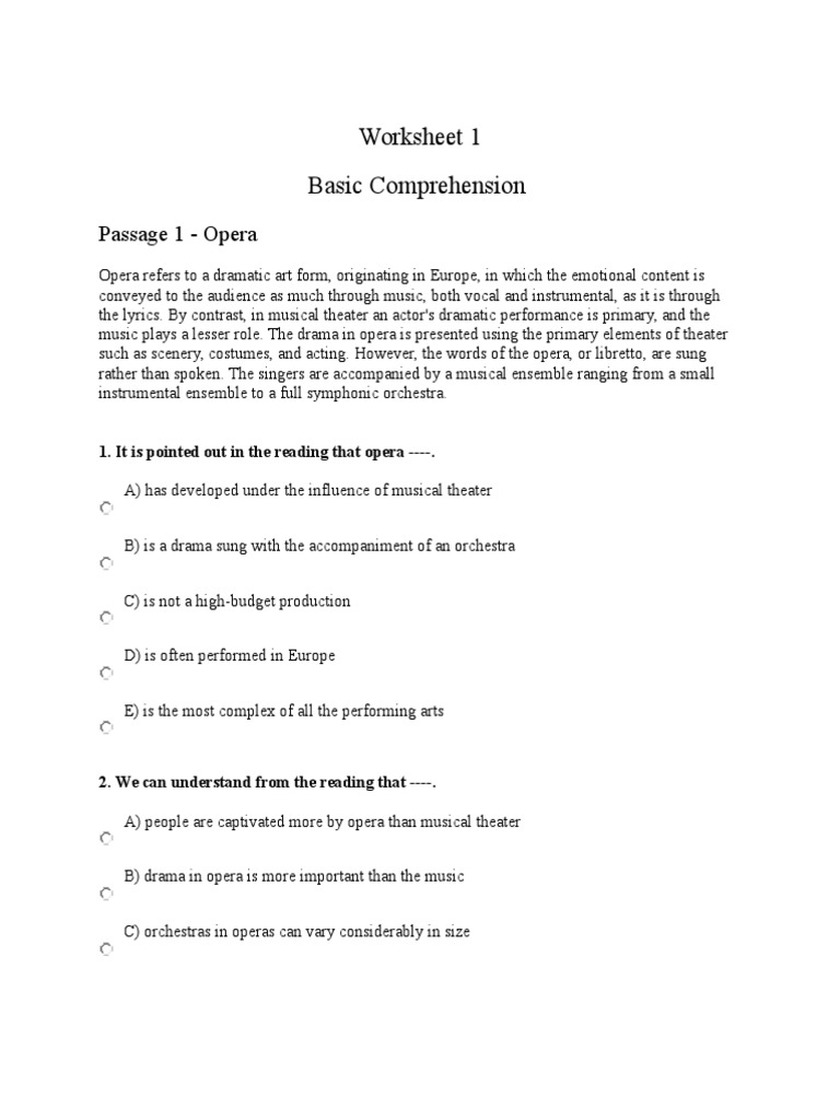Worksheet 1 | PDF | Opera | Theatre