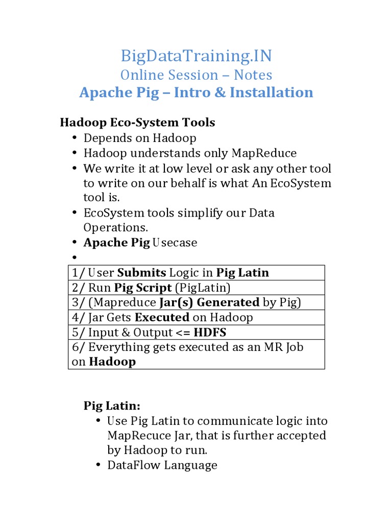 BigDataTraining ApachePig Intro Install | PDF | Apache Hadoop | Map Reduce BigDataTraining ApachePig Intro Install | PDF | Apache Hadoop | Map Reduce