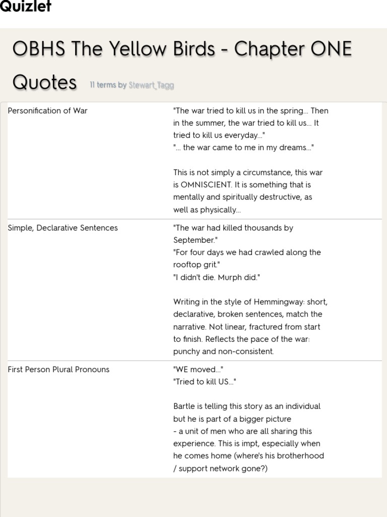 OBHS The Yellow Birds - Chapter ONE Quotes Flashcards - Quizlet PDF | PDF