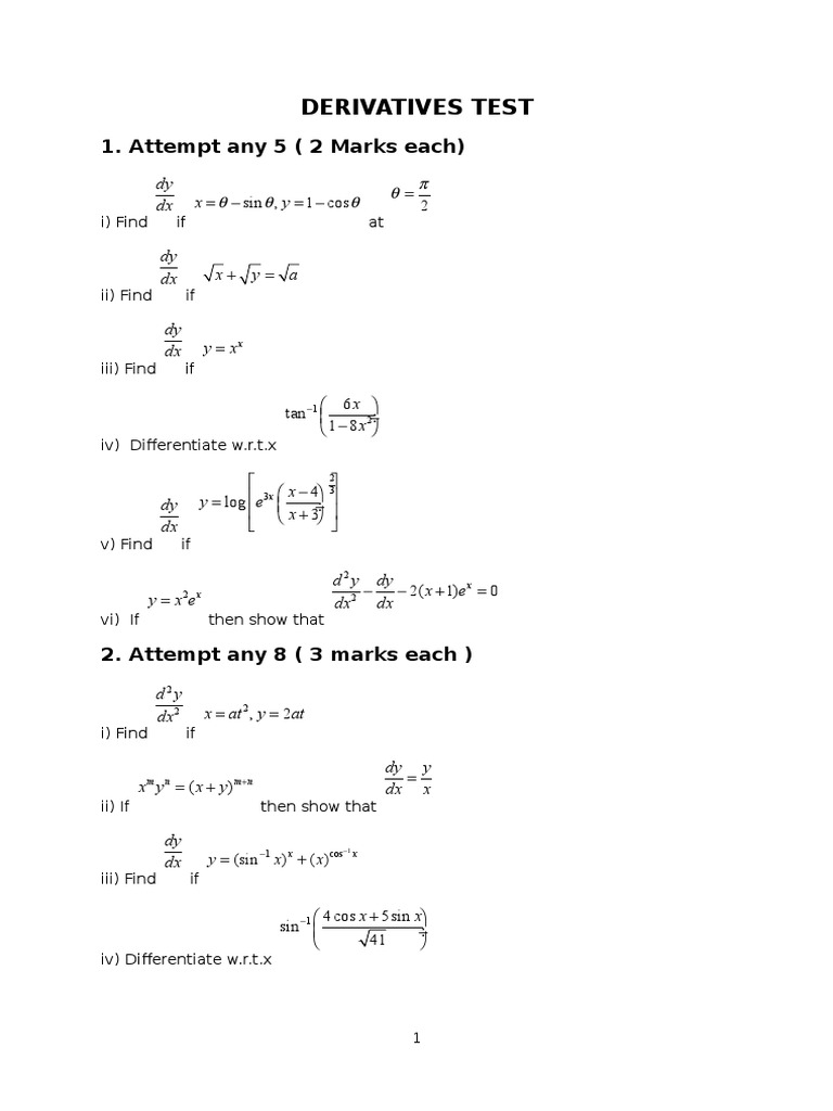 Derivatives Test: 1. Attempt Any 5 (2 Marks Each) | PDF | Teaching ...