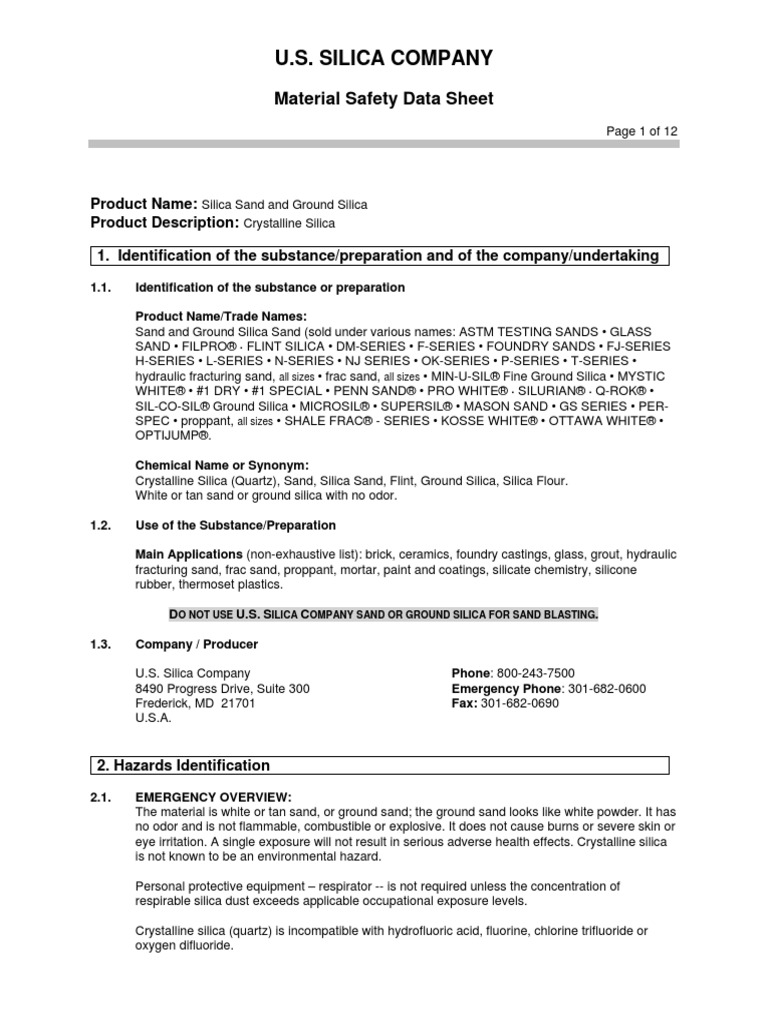 MSDS Silica Sand MaterialSafetyDataSheet | PDF | Silicon Dioxide ...