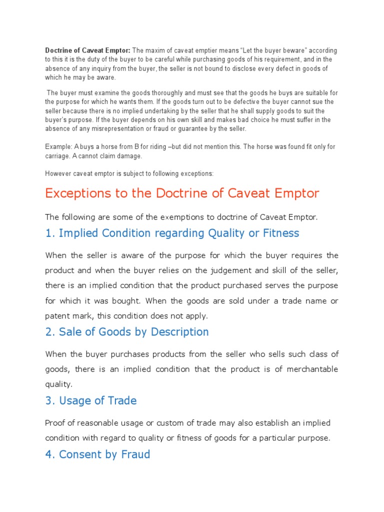 Doctrine of Caveat Emptor | PDF | Civil Law (Legal System) | Legal Concepts
