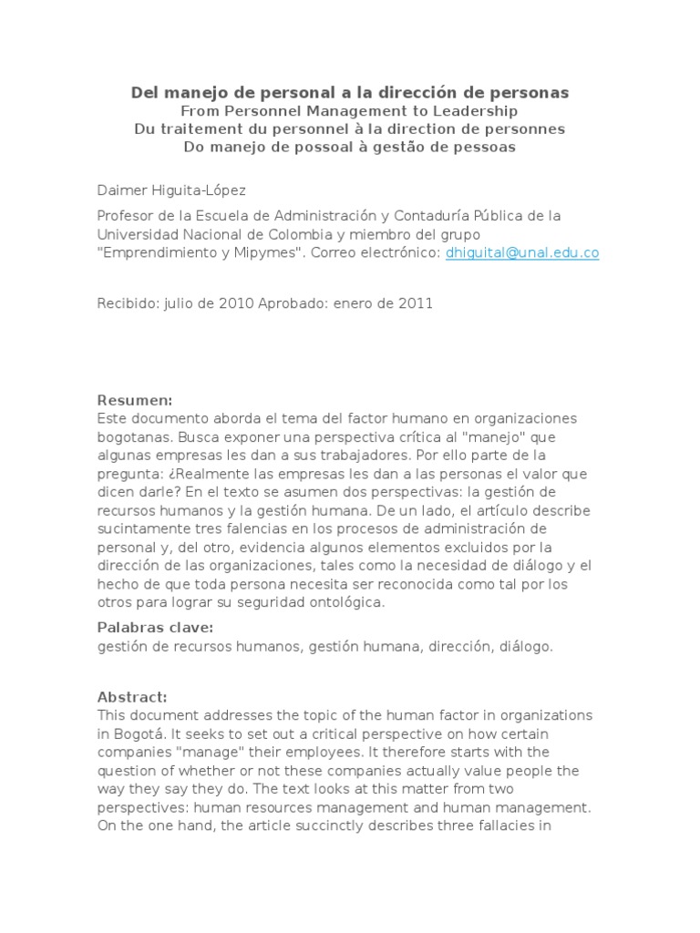 Del Manejo de Personal A La Dirección de Personas | PDF | Gestión de ...
