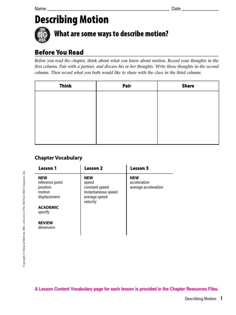 85 Describing Motion Organizer | PDF | Speed | Acceleration