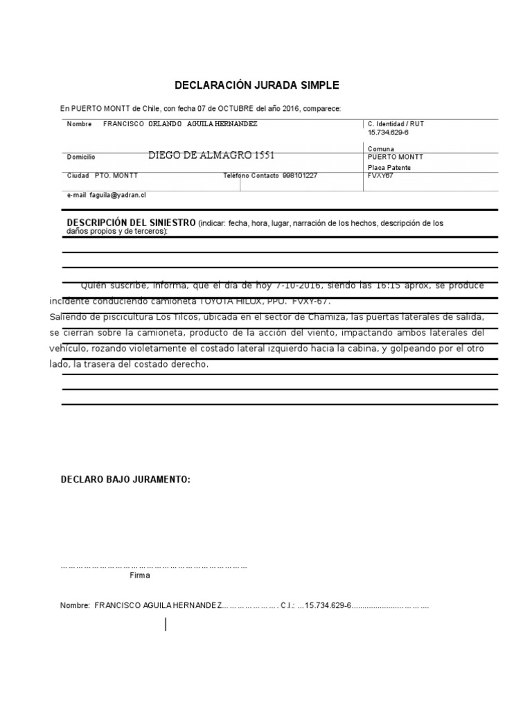 Declaracion Jurada Simple Siniestro Vehiculo