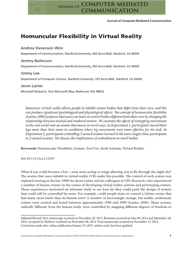 Homuncular Flexibility Stanford | PDF | Virtual Reality | Perception