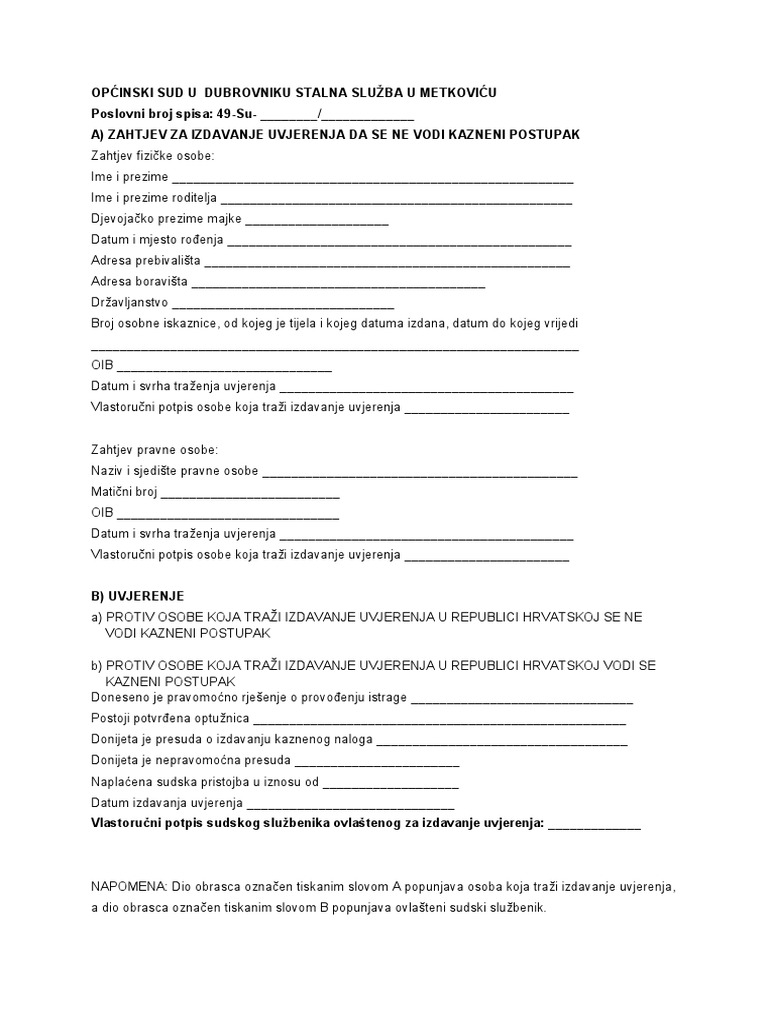 Obrazac (Potvrda o Nekažnjavanju)