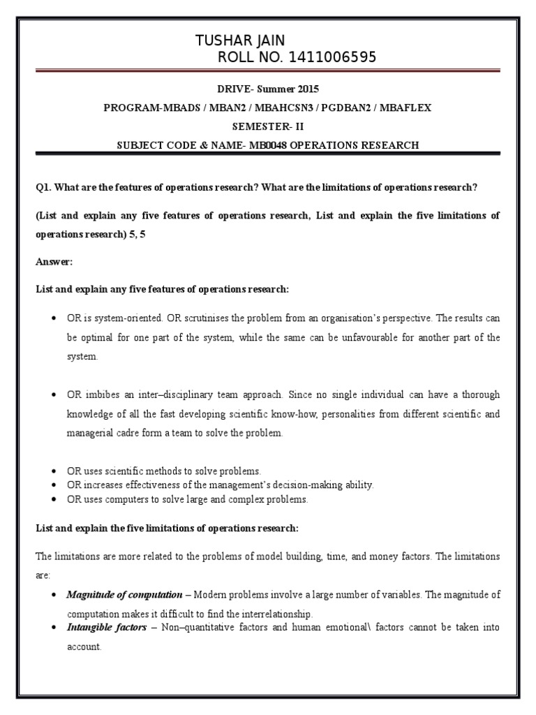 MB0048 (3) - 1 Operation Research | PDF | Mathematical Optimization | Linear Programming