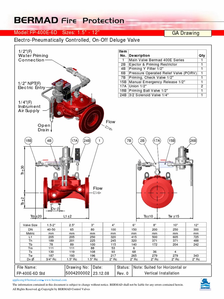 Electro-Pneumatically Controlled, On-Off Deluge Valve GA Drawing | PDF ...