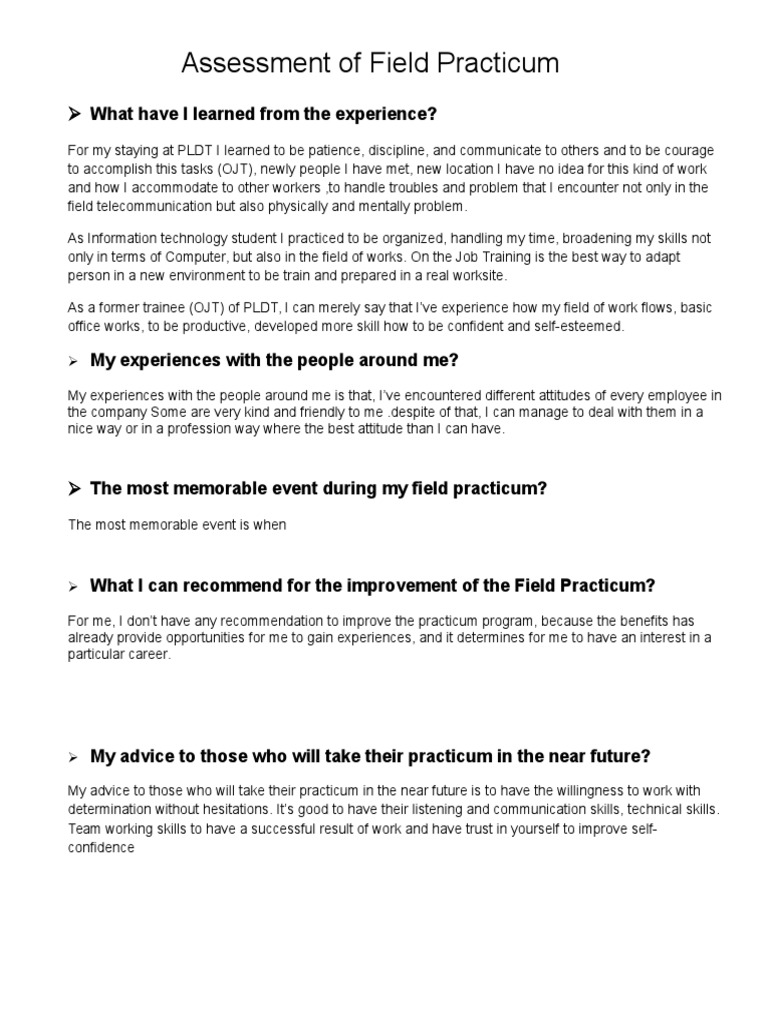 Assessment of Field Practicum | PDF