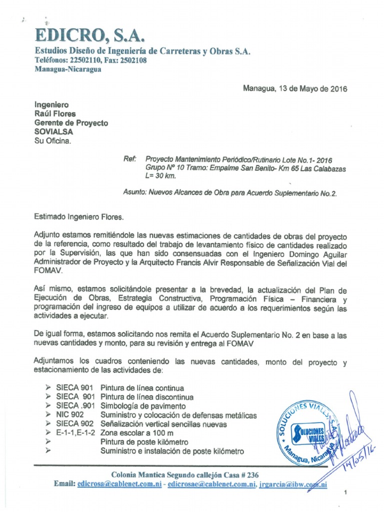 Correspondencia Edicro Ing. Raul Flores 14052016 PDF | PDF