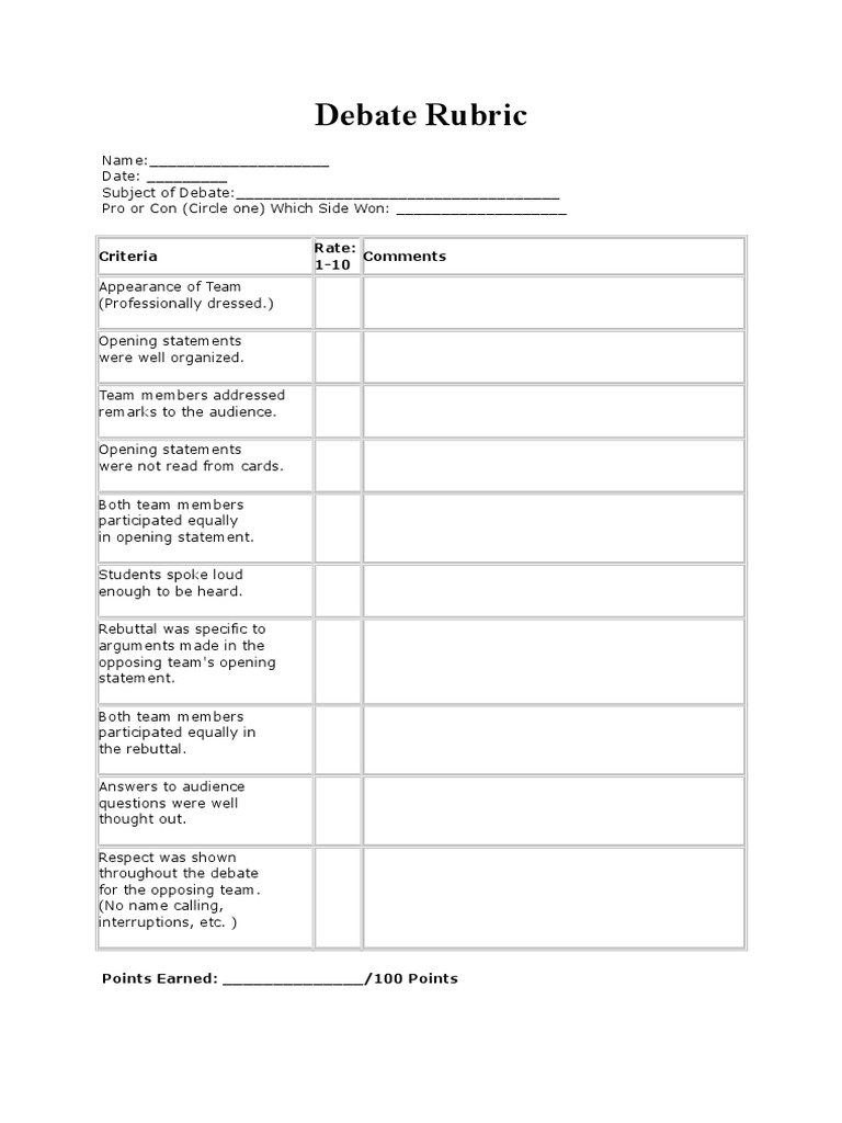 Debate Rubric: Criteria Rate: 1-10 Comments | PDF